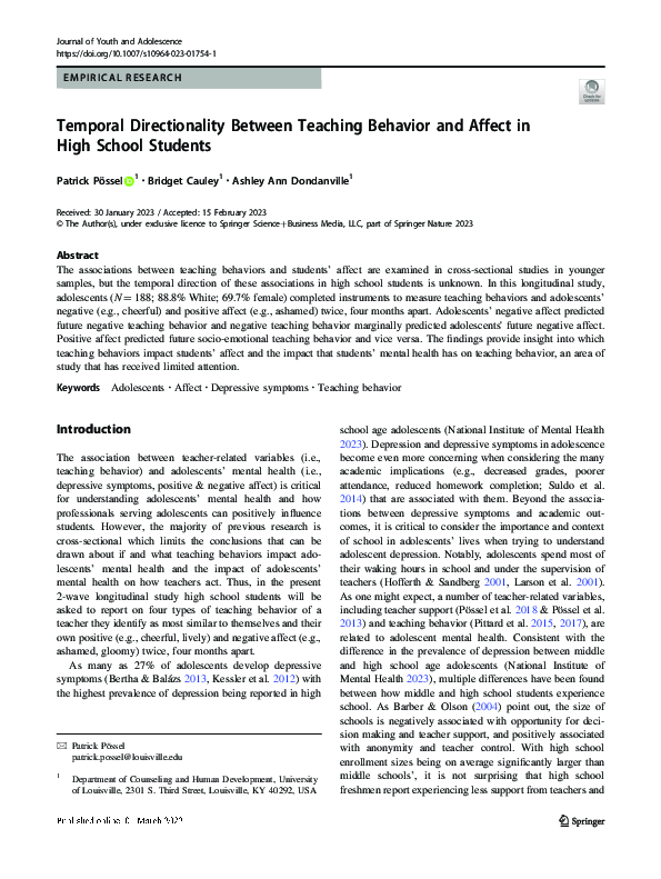 (PDF) Temporal Directionality Between Teaching Behavior and Affect in ...