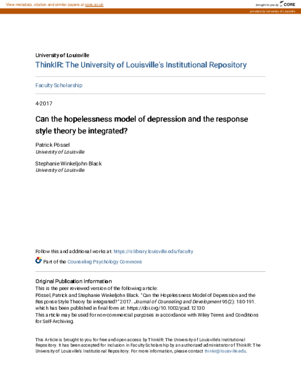(PDF) Can the Hopelessness Model of Depression and Response Style ...