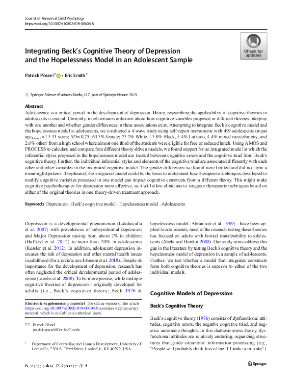 (PDF) Integrating Beck’s Cognitive Theory of Depression and the Hopelessness Model in an ...