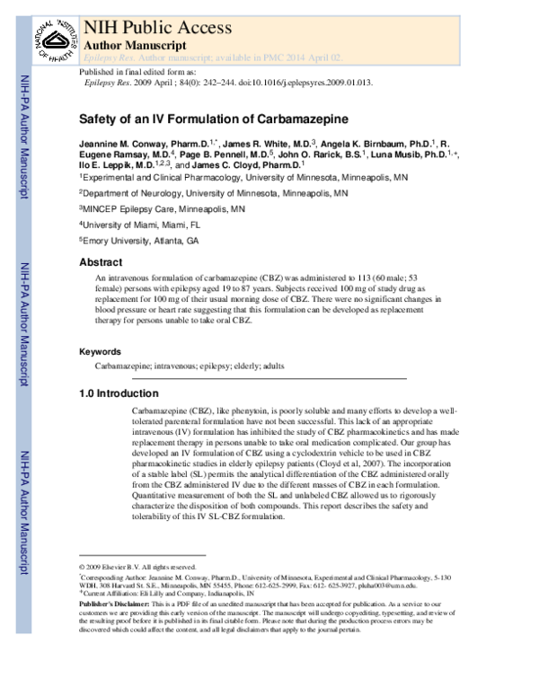 (PDF) Safety of an IV formulation of carbamazepine | R Eugene Ramsay ...