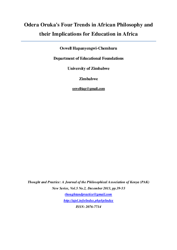 (PDF) Odera Oruka's Four Trends in African Philosophy and their Implications for Education in Africa