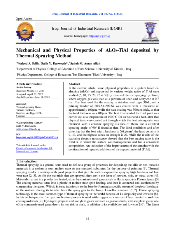 (PDF) Mechanical and Physical Properties of Al2O3-TiAl deposited by Thermal Spraying Method