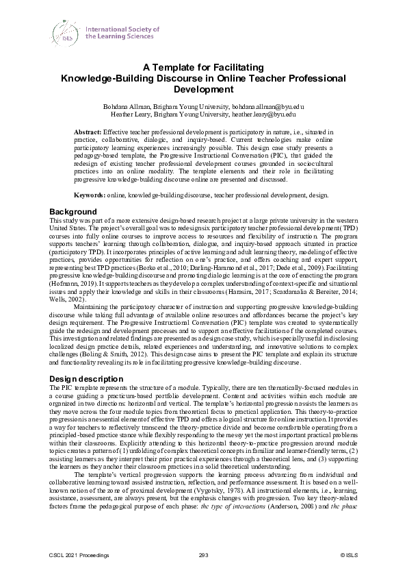 (PDF) A template for facilitating knowledge-building discourse in online teacher professional ...