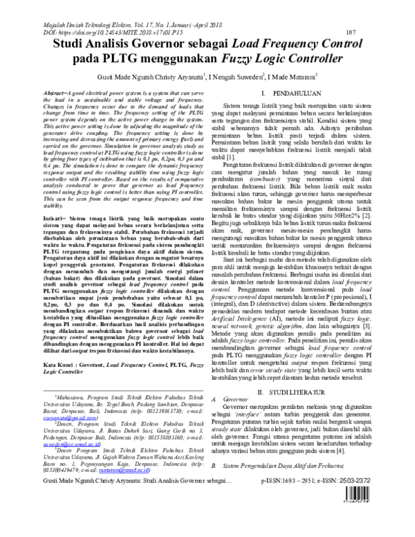 (PDF) Studi Analisis Governor Sebagai Load Frequency Control Pada PLTG ... (PDF) Studi Analisis Governor Sebagai Load Frequency Control Pada PLTG ...