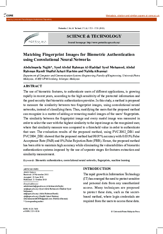 (PDF) Matching Fingerprint Images for Biometric Authentication using Convolutional Neural Networks