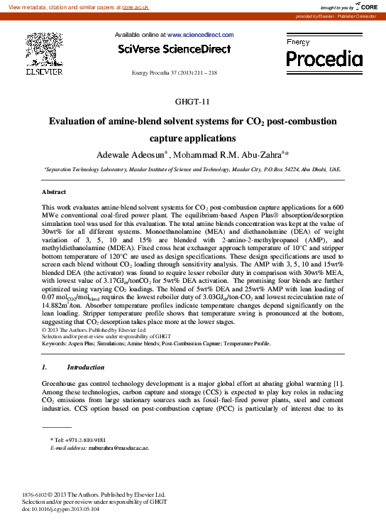 (PDF) Evaluation of amine-blend solvent systems for CO2 post-combustion ...