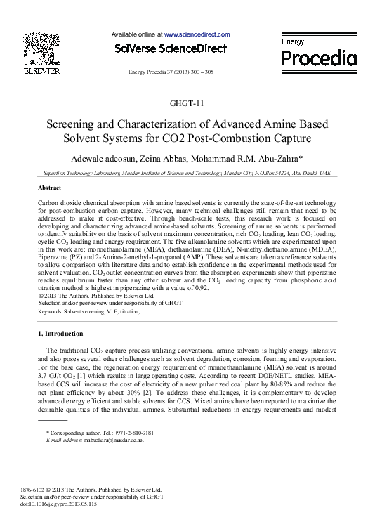 (PDF) Screening and Characterization of Advanced Amine Based Solvent ...