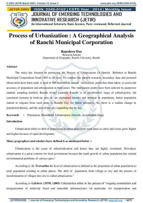 (PDF) Process of Urbanization : A Geographical Analysis of Ranchi ...