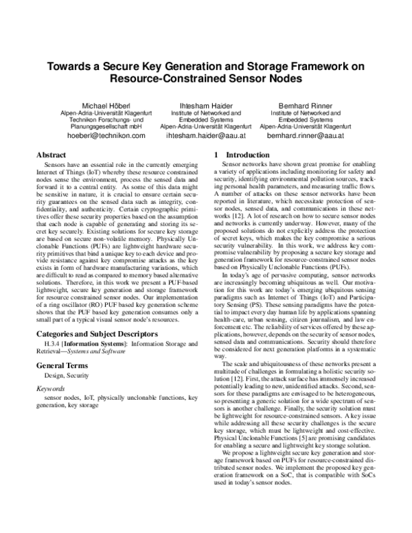 Pdf Towards A Secure Key Generation And Storage Framework On Resource Constrained Sensor Nodes