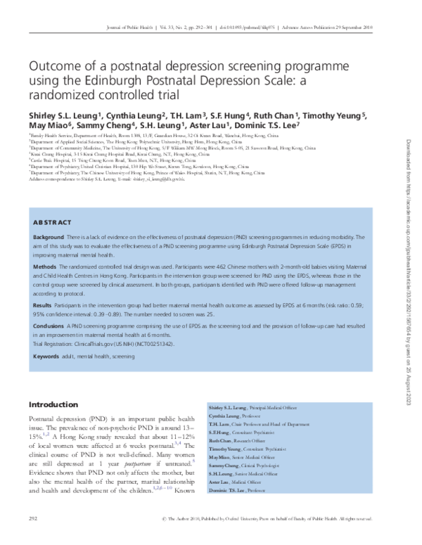 (PDF) Outcome of a postnatal depression screening programme using the ...