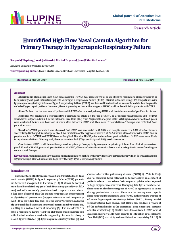 (PDF) Humidified High Flow Nasal Cannula Algorithm for Primary Therapy ...