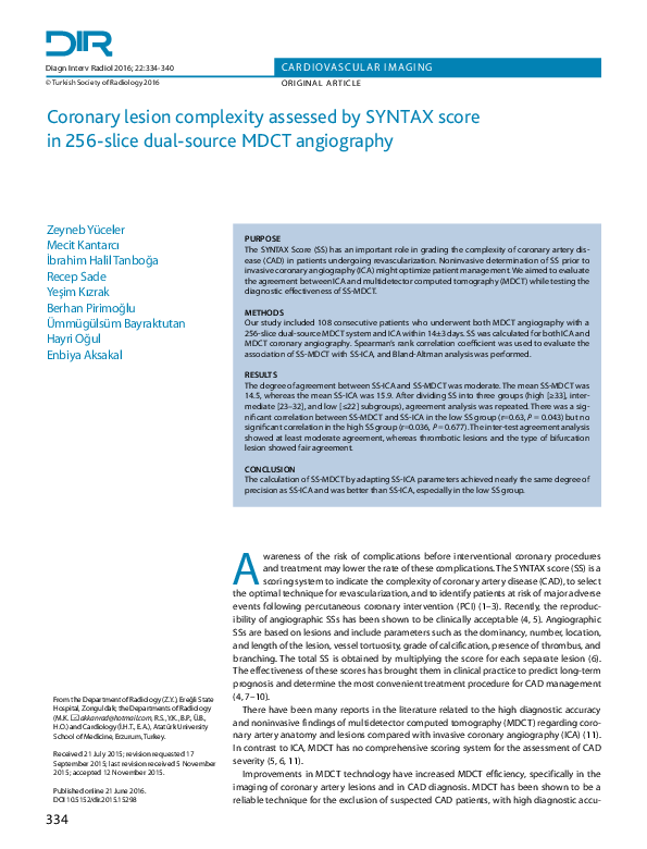(PDF) Coronary lesion complexity assessed by SYNTAX score in 256-slice ...