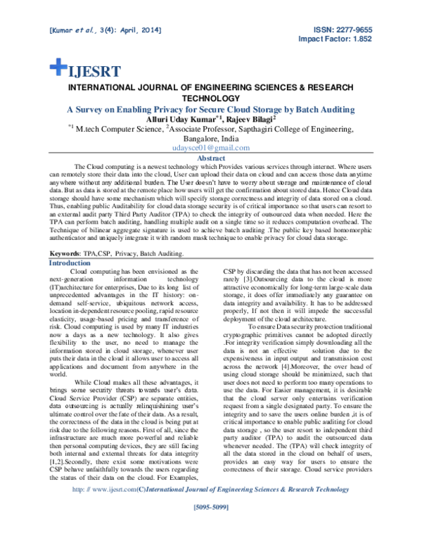 (PDF) A Survey on Enabling Privacy for Secure Cloud Storage by Batch Auditing | RAJEEV BILAGI ...