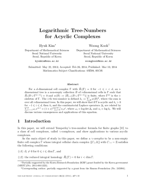 (PDF) Logarithmic Tree-Numbers for Acyclic Complexes | Woong Kook ...