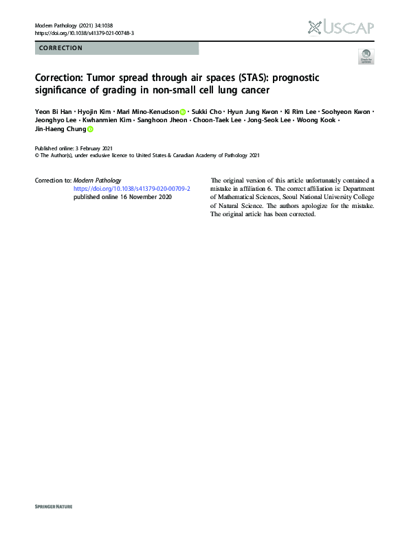 (PDF) Correction: Tumor spread through air spaces (STAS): prognostic significance of grading in ...