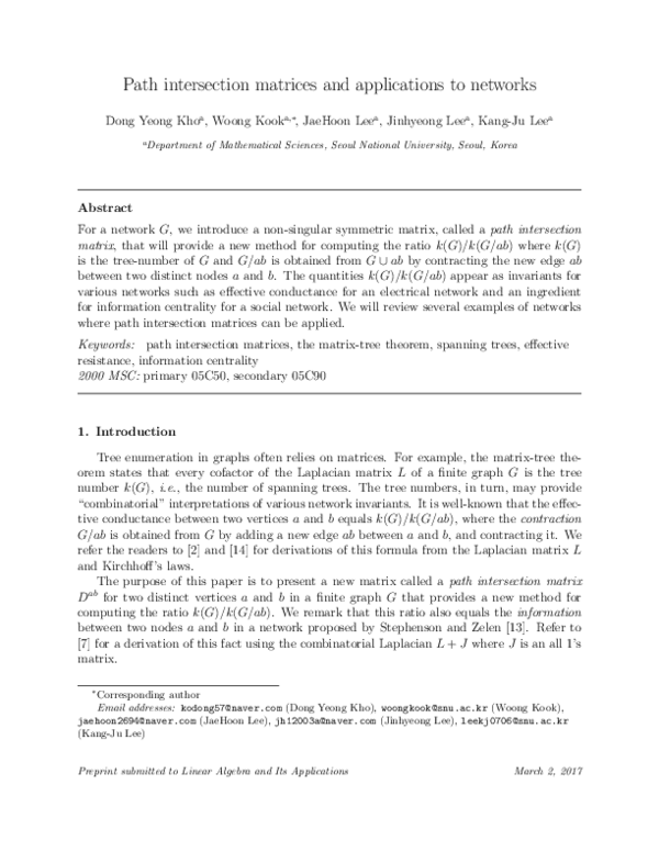 (PDF) Path intersection matrices and applications to networks | Woong ...