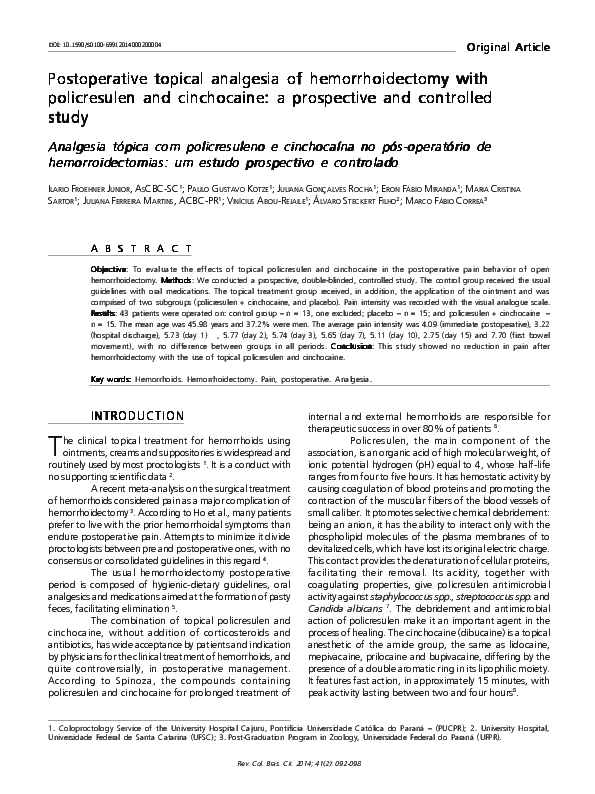 (PDF) Postoperative topical analgesia of hemorrhoidectomy with ...