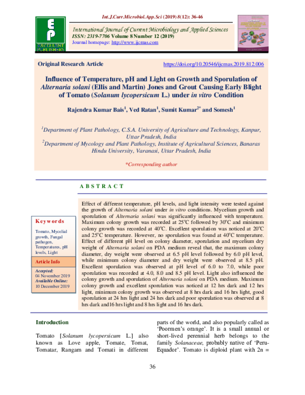 (PDF) Influence of Temperature, pH and Light on Growth and Sporulation of Alternaria solani ...