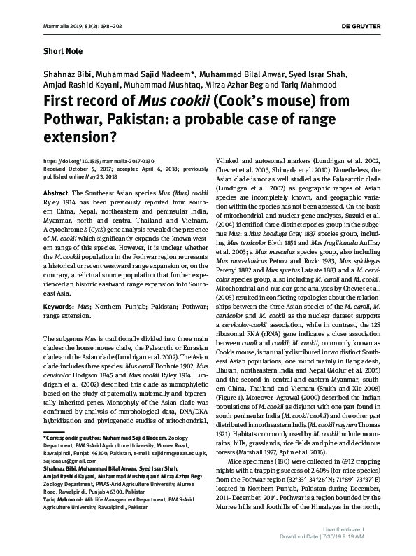 (PDF) First record of Mus cookii (Cook's mouse) from Pothwar, Pakistan ...