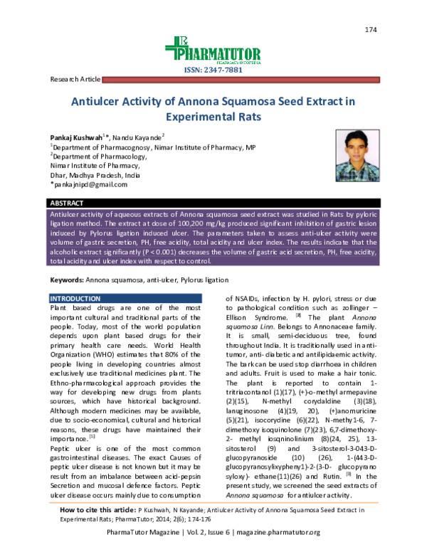 Antiulcer Activity of Annona Squamosa Seed Extract in Experimental Rats