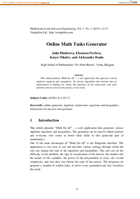 (PDF) Online Math Tasks Generator