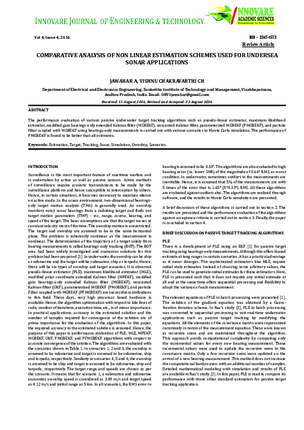 (PDF) Comparative Analysis of Non Linear Estimation Schemes used for Undersea Sonar Applications
