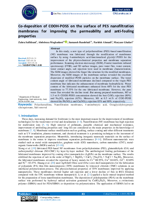 (PDF) Co-deposition of COOH-POSS on the surface of PES nanofiltration ...