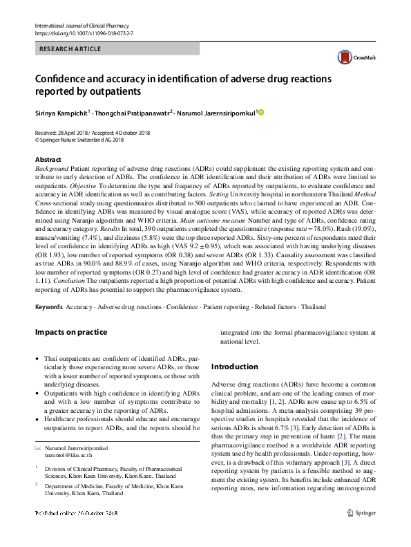Pdf Confidence And Accuracy In Identification Of Adverse Drug Reactions Reported By Outpatients