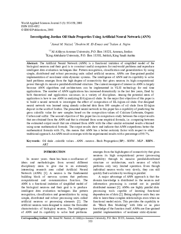 (PDF) Investigating Jordan Oil Shale Properties Using Artificial Neural Network (ANN)