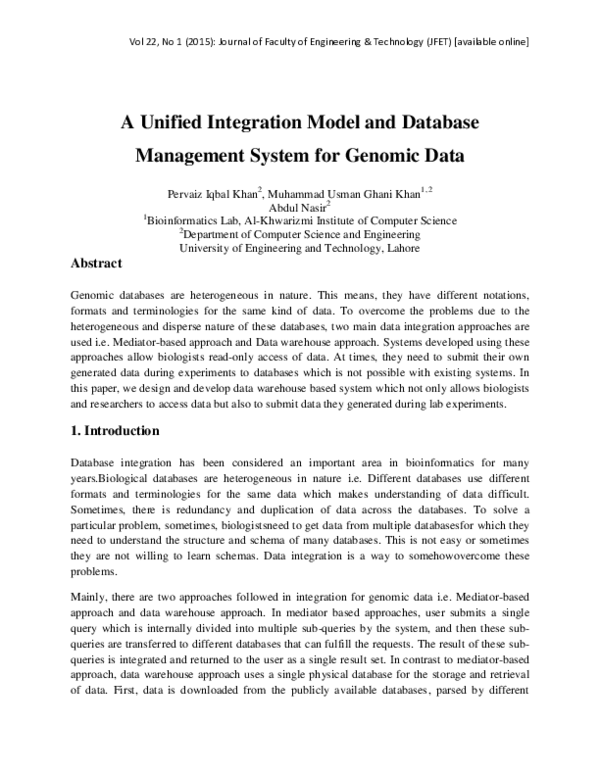 (PDF) A Unified Integration Model and Database Management System for Genomic Data