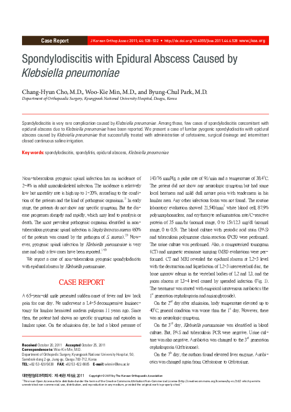 (PDF) Spondylodiscitis with Epidural Abscess Caused by Klebsiella ...