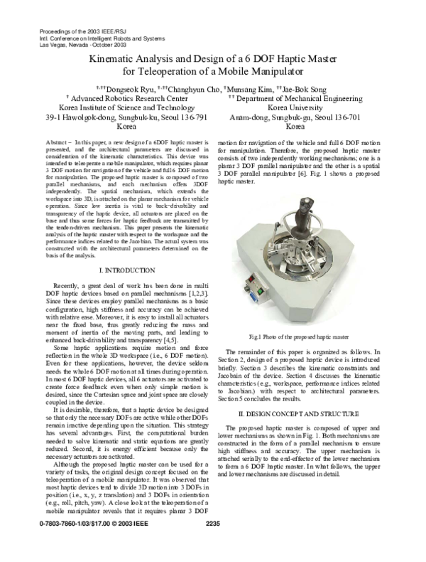 (PDF) Kinematic analysis and design of a 6 DOF haptic master for teleoperation of a mobile ...