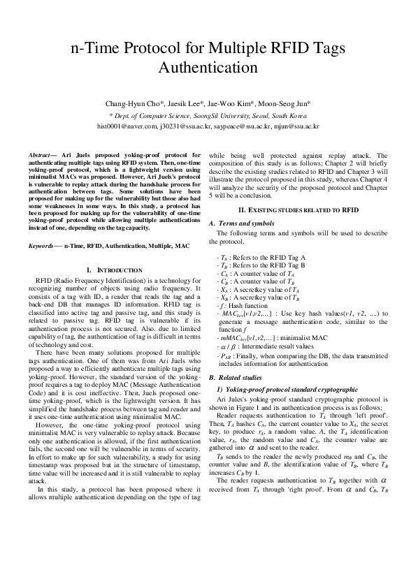 (PDF) n-Time protocol for multiple RFID tags authentication