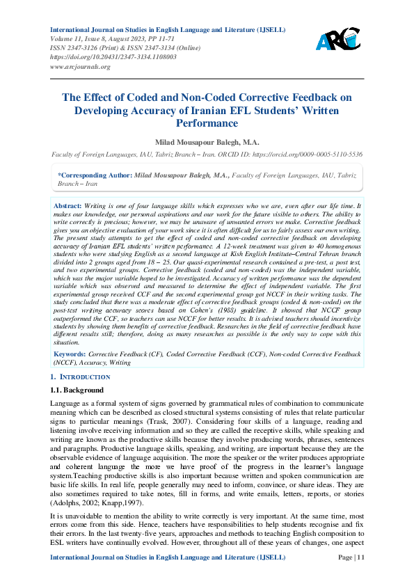(PDF) The Effect of Coded and Non-Coded Corrective Feedback on ...