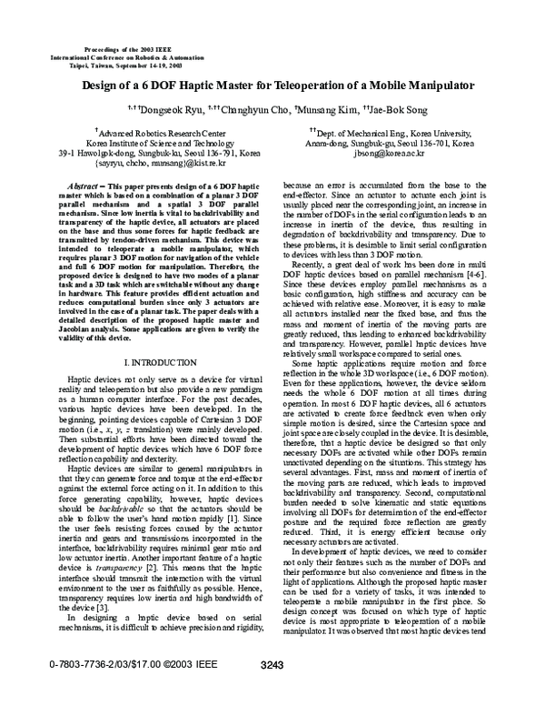 (PDF) Design of a 6 DOF haptic master for teleoperation of a mobile manipulator