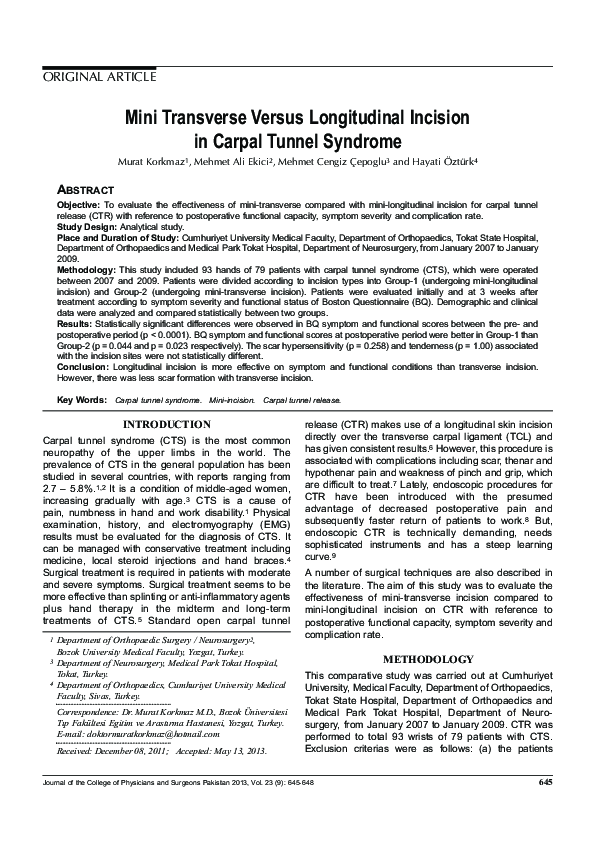 (PDF) Mini transverse versus longitudinal incision in carpal tunnel ...
