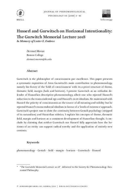 (PDF) Husserl and Gurwitsch on Horizonal Intentionality: The Gurwitch ...