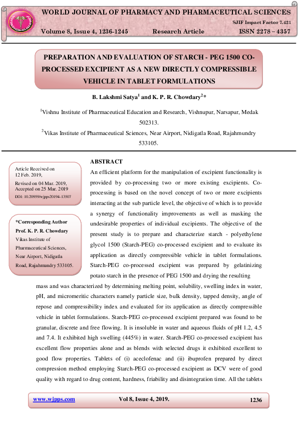 (PDF) Preparation and Evaluation of Starch - Peg 1500 Co-Processed ...