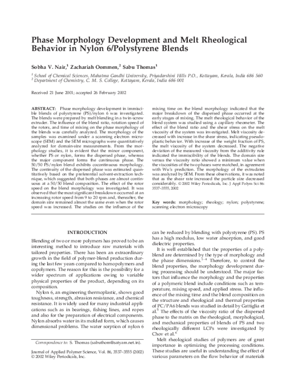 (PDF) Phase morphology development and melt rheological behavior in nylon 6/polystyrene blends