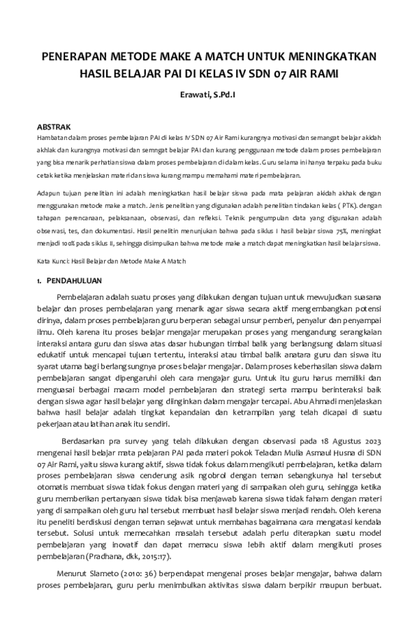 (DOC) PENERAPAN METODE MAKE A MATCH UNTUK MENINGKATKAN HASIL BELAJAR PAI DI KELAS IV SDN 07 AIR RAMI