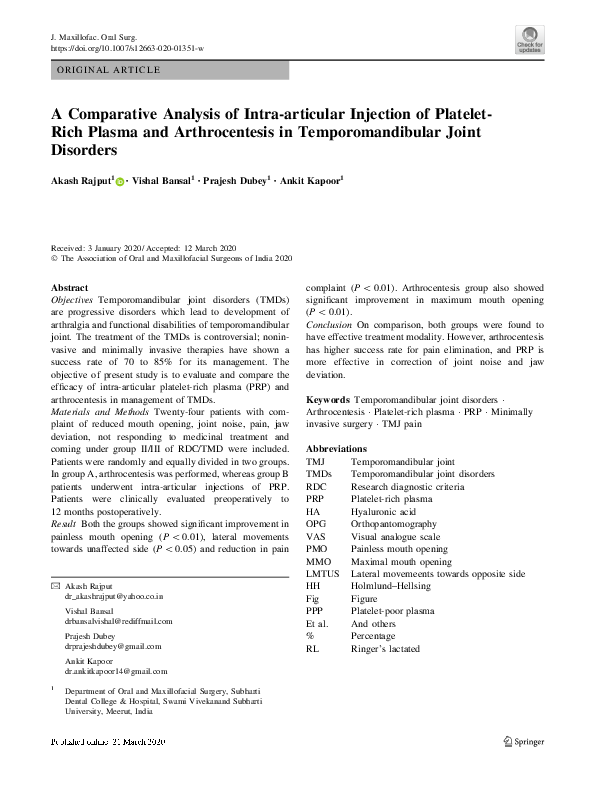 (PDF) A Comparative Analysis of Intra-articular Injection of Platelet-Rich Plasma and ...