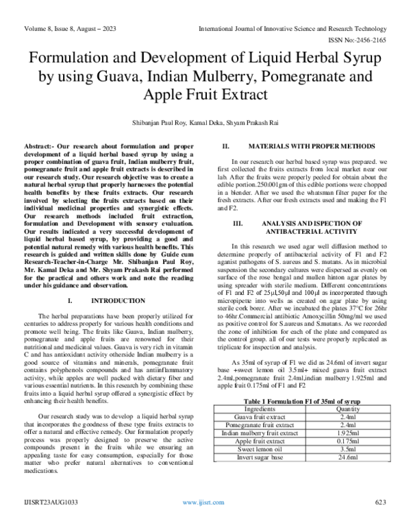 Pdf Formulation And Development Of Liquid Herbal Syrup By Using Guava Indian Mulberry