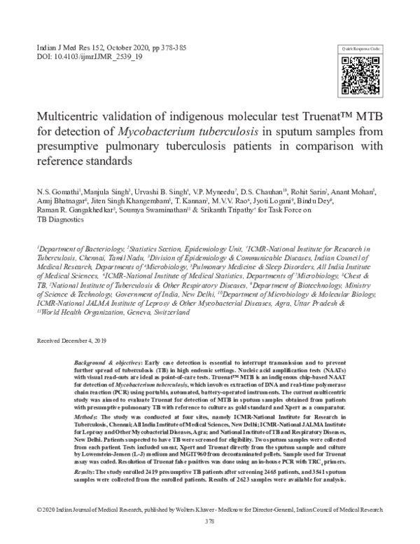 (PDF) Multicentric validation of indigenous molecular test Truenat™ MTB ...
