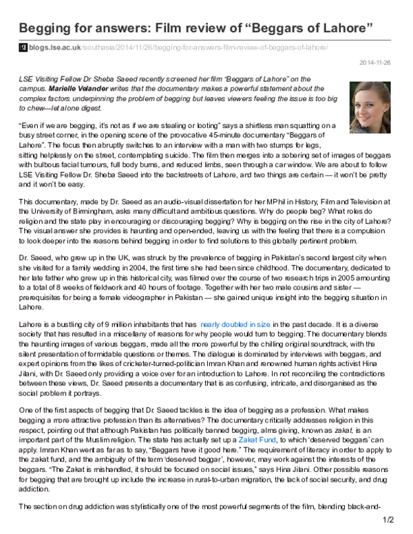 (PDF) Begging for answers: film review of “Beggars of Lahore”