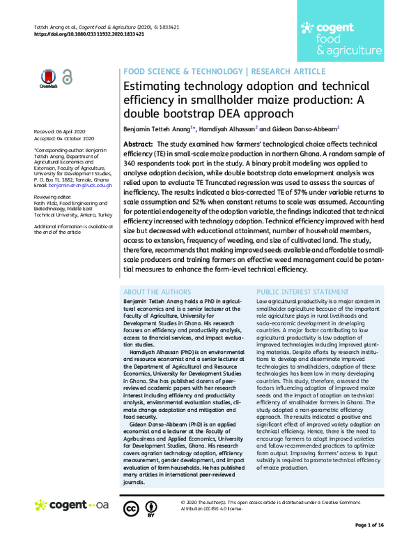 Pdf Estimating Technology Adoption And Technical Efficiency In Smallholder Maize Production A