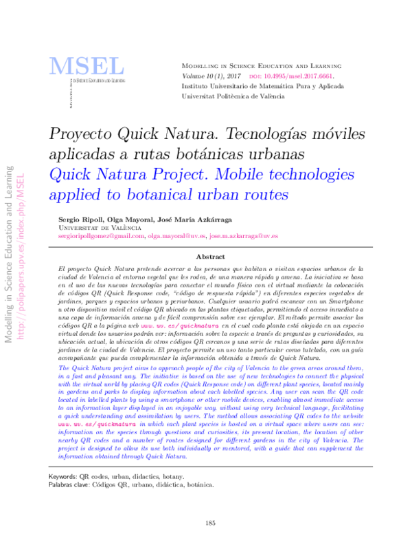 (PDF) Proyecto Quick Natura. Técnologías móviles aplicadas a rutas botánicas urbanas