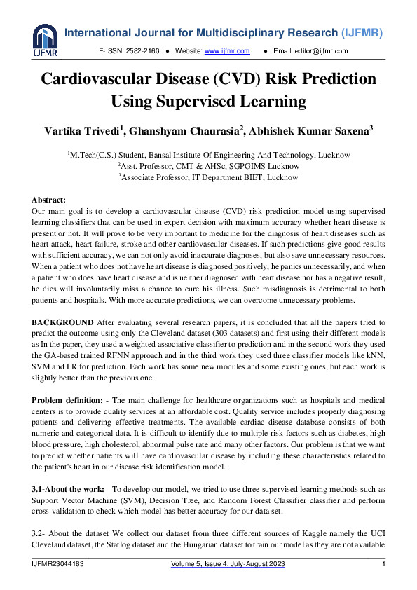 Pdf Cardio Vascular Disease Cvd Risk Prediction Using Supervised Learning