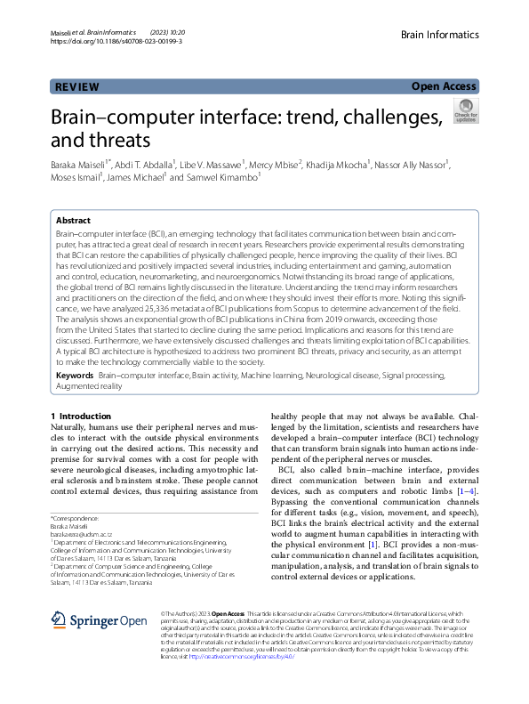 (PDF) Brain–computer interface: trend, challenges, and threats