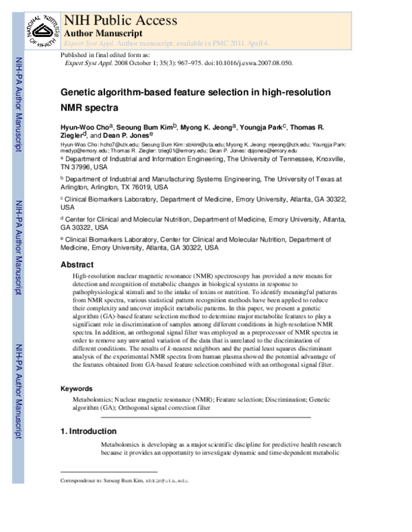 (PDF) Genetic algorithm-based feature selection in high-resolution NMR spectra