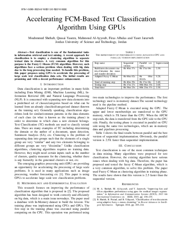 Pdf Accelerating Fcm Based Text Classification Algorithm Using Gpus